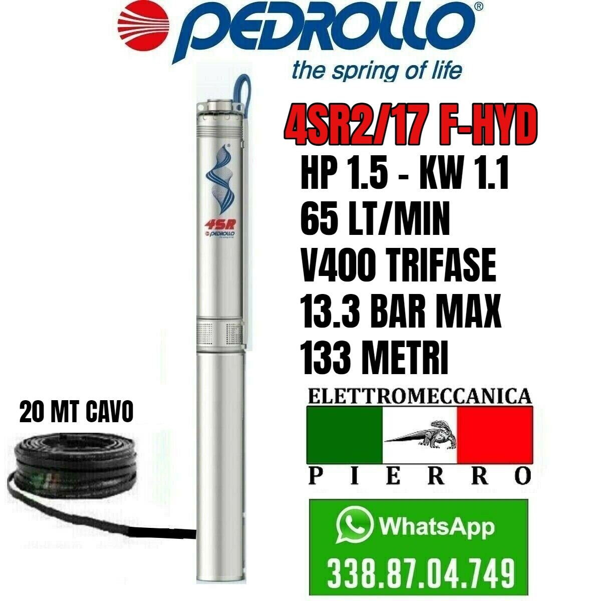 4SR2/17 POMPA COMPLETA SOMMERSA X POZZI 4" PEDROLLO 4SR2M/17 HP1.5 65L – Elettromeccanica Pierro ...